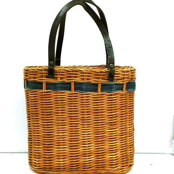 Bags | Vintage Straw Bucket Bag With Black Leather Straps Trimmed In ...